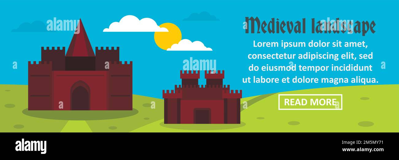 Castle medieval landscape banner horizontal concept. Flat illustration ...
