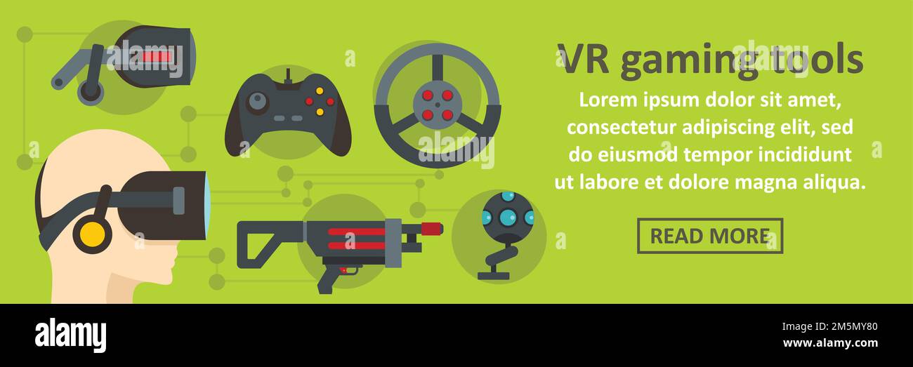 Vr gaming tools banner horizontal concept. Flat illustration of vr ...
