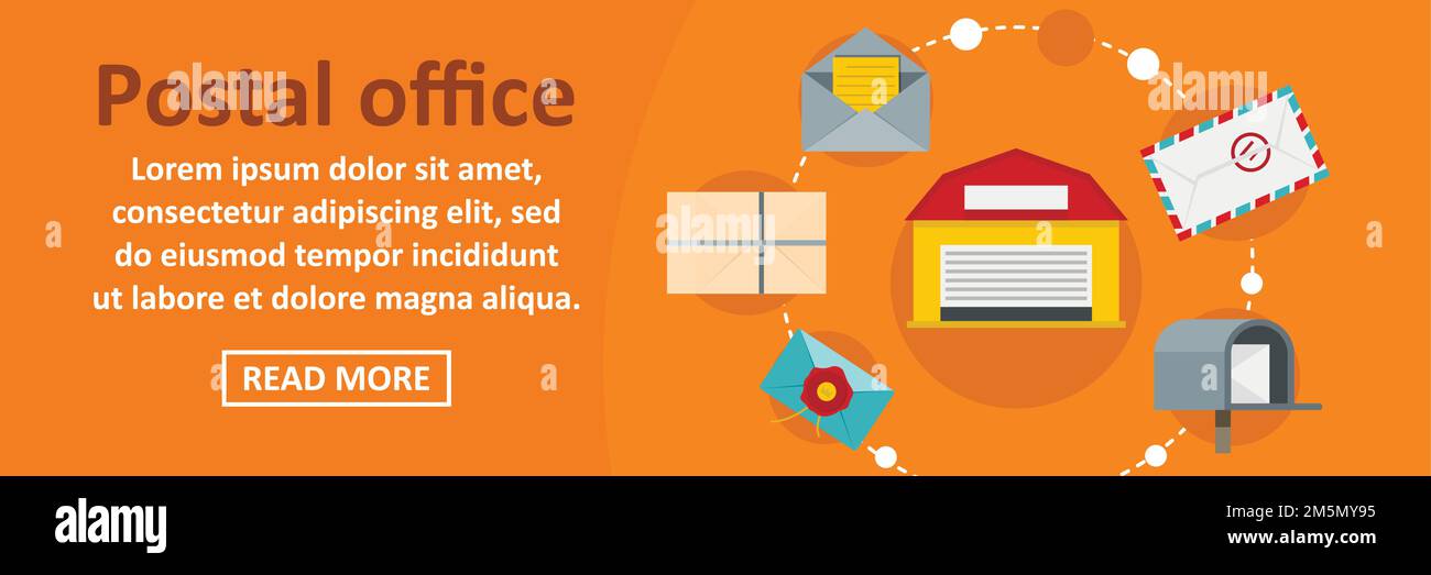 Postal office banner horizontal concept. Flat illustration of postal ...