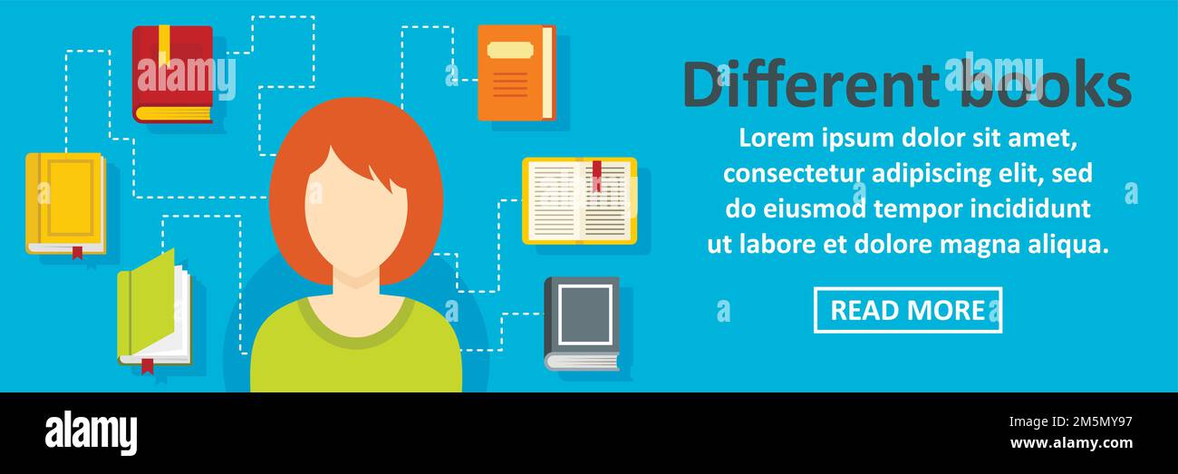 Different books banner horizontal concept. Flat illustration of ...
