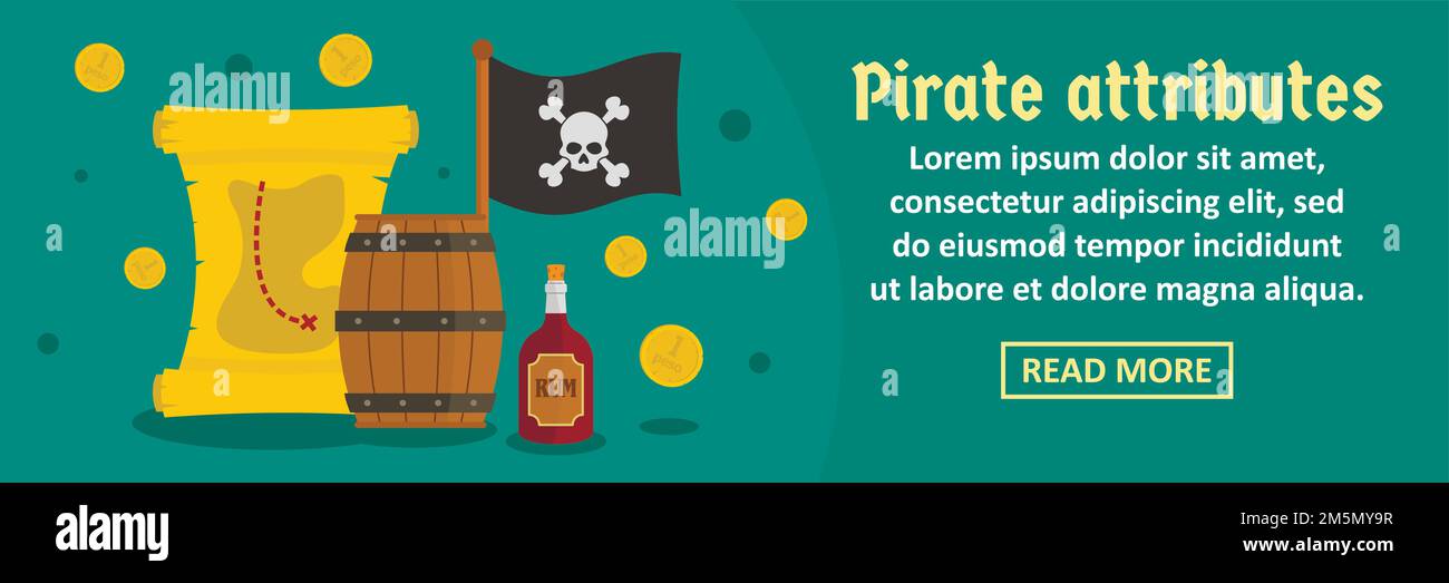 Pirate attributes banner horizontal concept. Flat illustration of ...