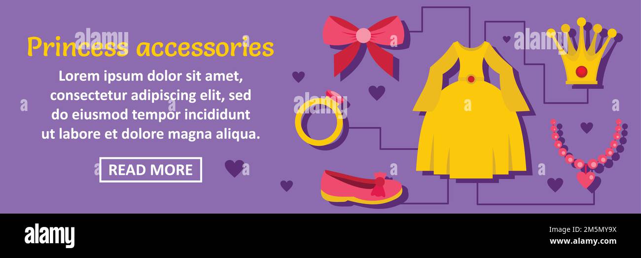 Princess accessories banner horizontal concept. Flat illustration of ...