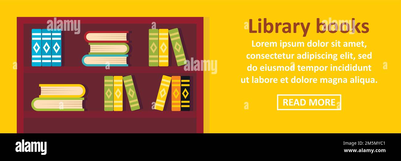 Library books banner horizontal concept. Flat illustration of library ...