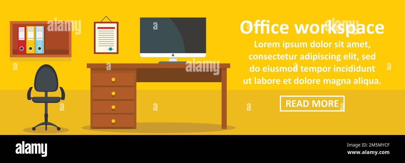Office workspace banner horizontal concept. Flat illustration of office ...