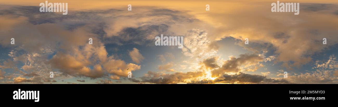 Golden glowing red orange overcast sunset sky panorama. Hdr seamless ...