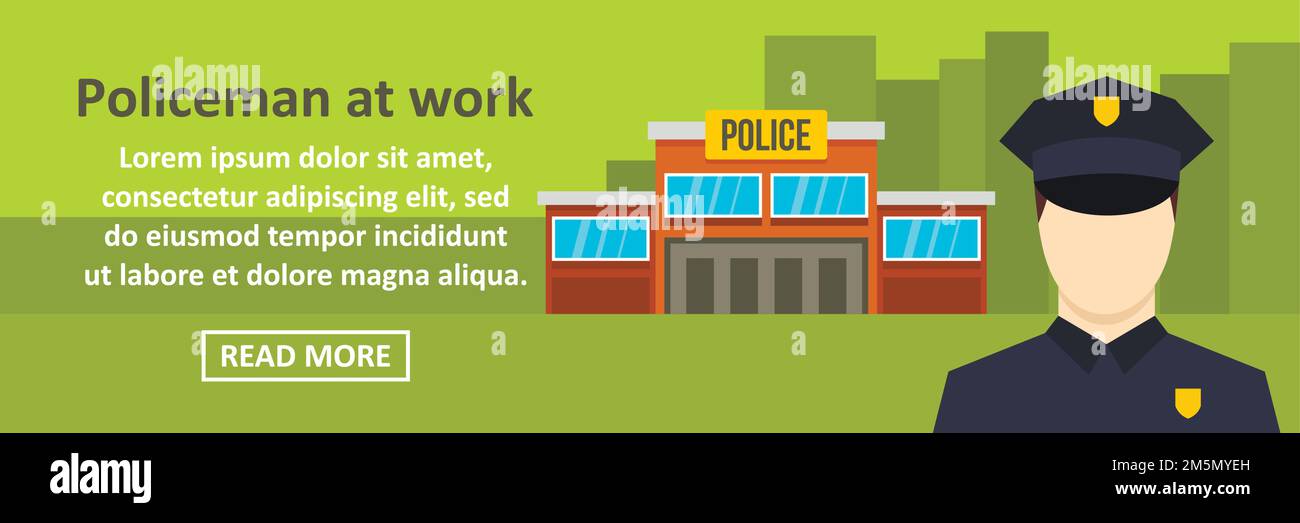 Policeman at work banner horizontal concept. Flat illustration of ...