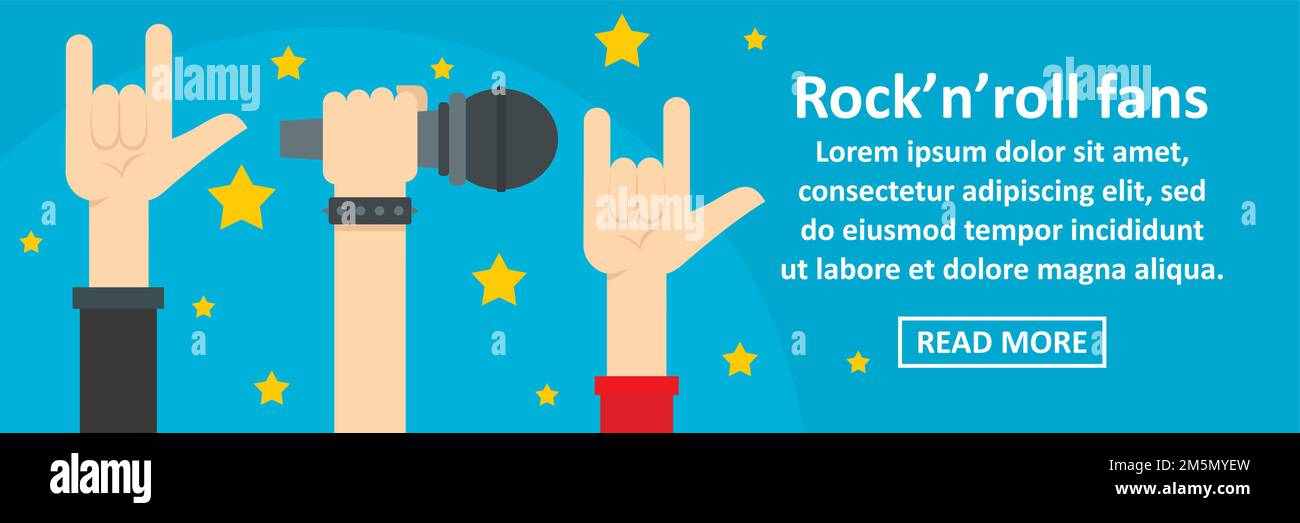 Rock n roll fans banner horizontal concept. Flat illustration of rock n ...
