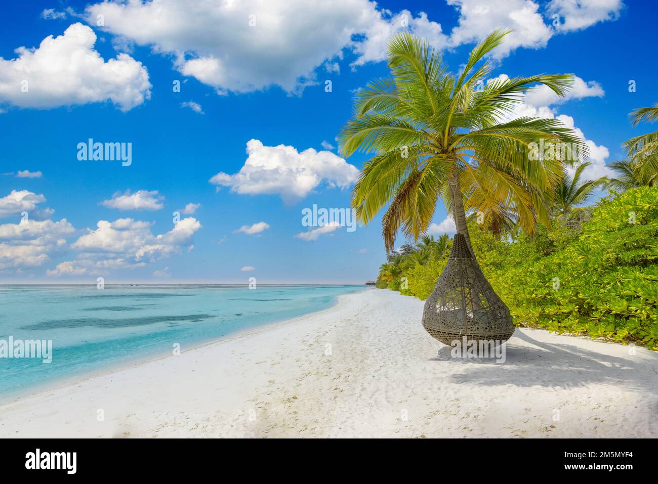 Tropical island beach as summer landscape with beach swing or hammock ...