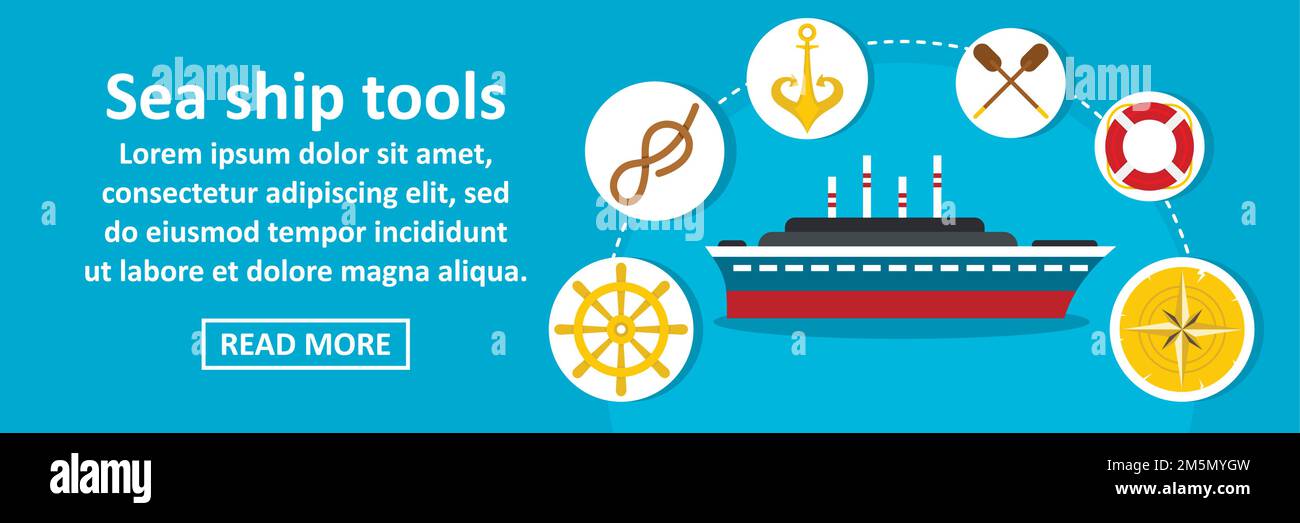 Sea ship tools banner horizontal concept. Flat illustration of sea ship ...