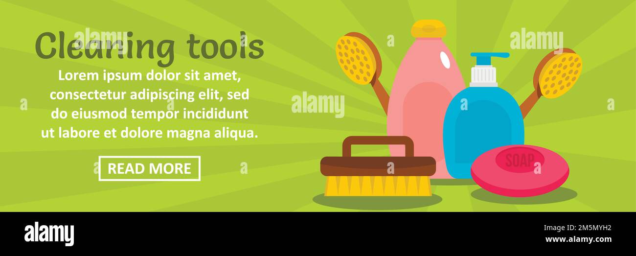 Cleaning tools banner horizontal concept. Flat illustration of cleaning ...
