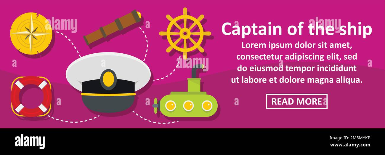 Captain of the ship banner horizontal concept. Flat illustration of ...