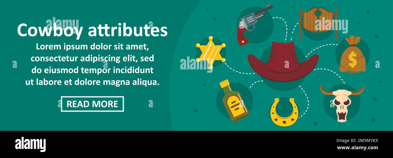Cowboy attributes banner horizontal concept. Flat illustration of ...