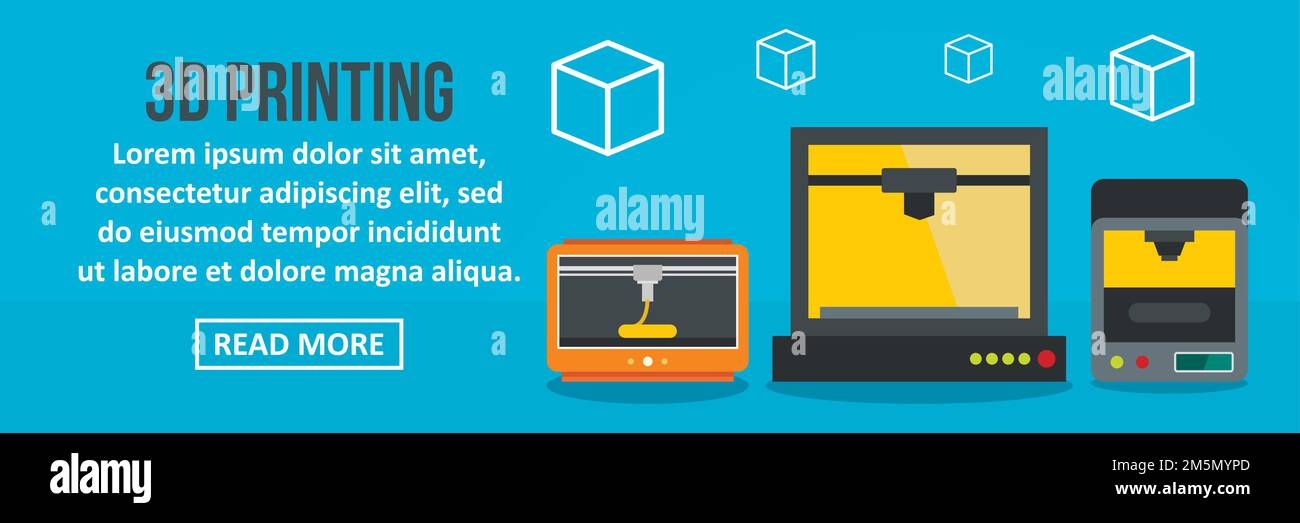 3D printing banner horizontal concept. Flat illustration of 3D printing ...