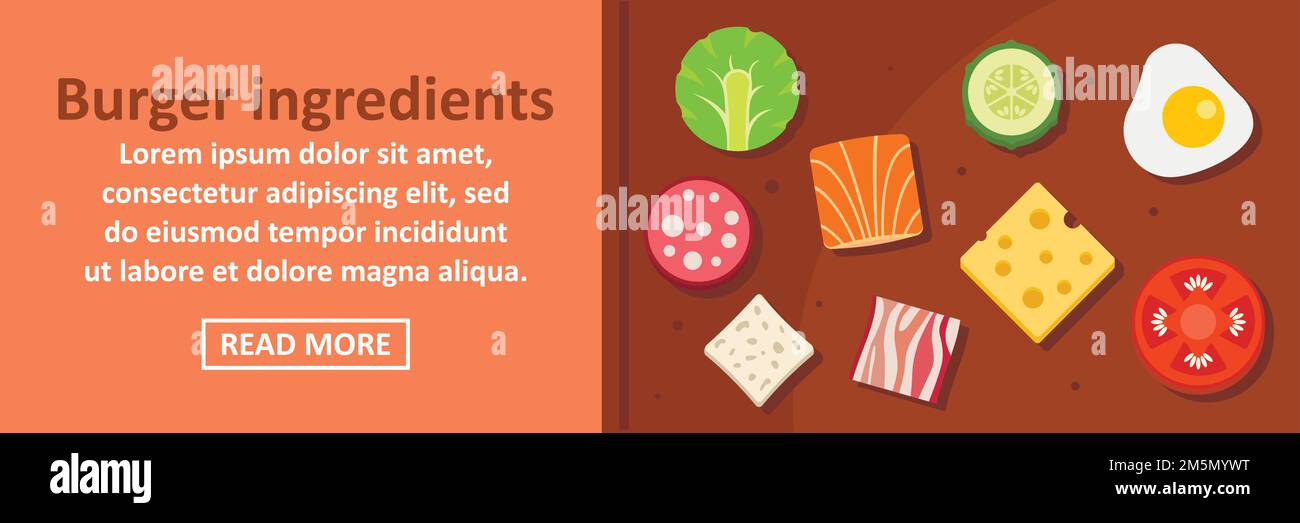Burger ingredients banner horizontal concept. Flat illustration of ...