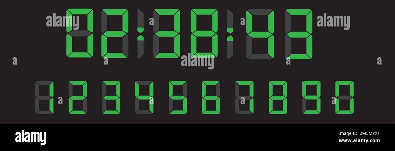 A Green led digital clock number set isolated on black background Stock ...
