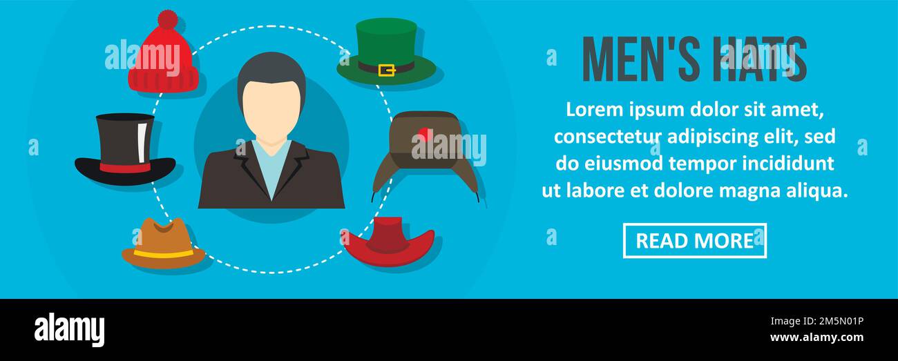 Men hats banner horizontal concept. Flat illustration of men hats ...