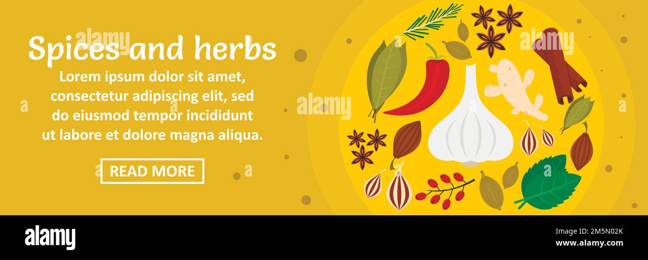 Spices and herbs banner horizontal concept. Flat illustration of spices ...