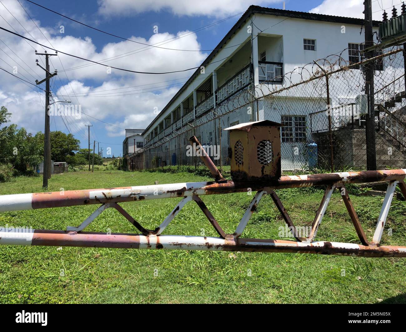 St. Kitts and Nevis Island - June 18th 2019 - barricade and barbed wire ...