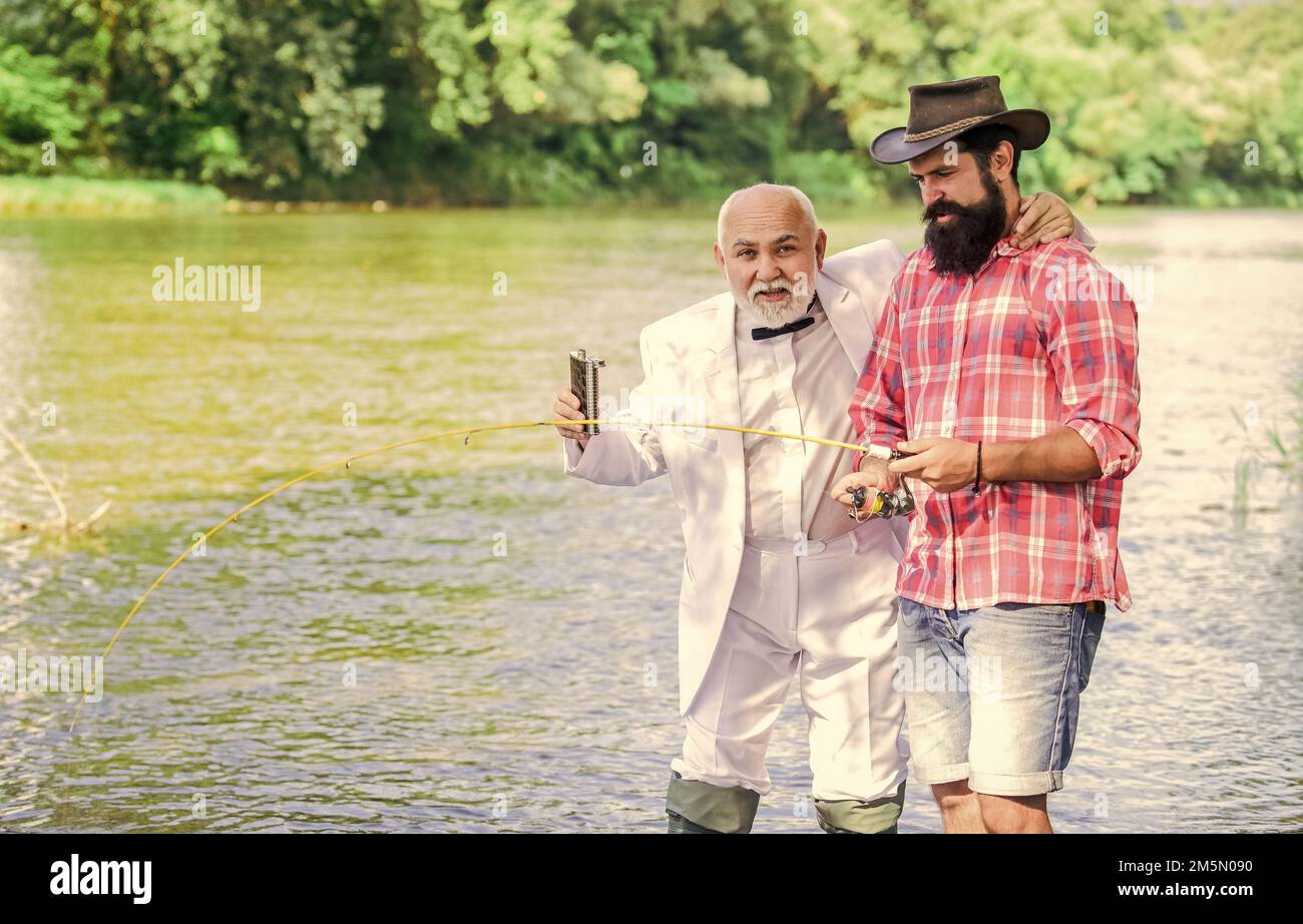 Personal instructor. Expert fisherman. Bearded man elegant businessman ...