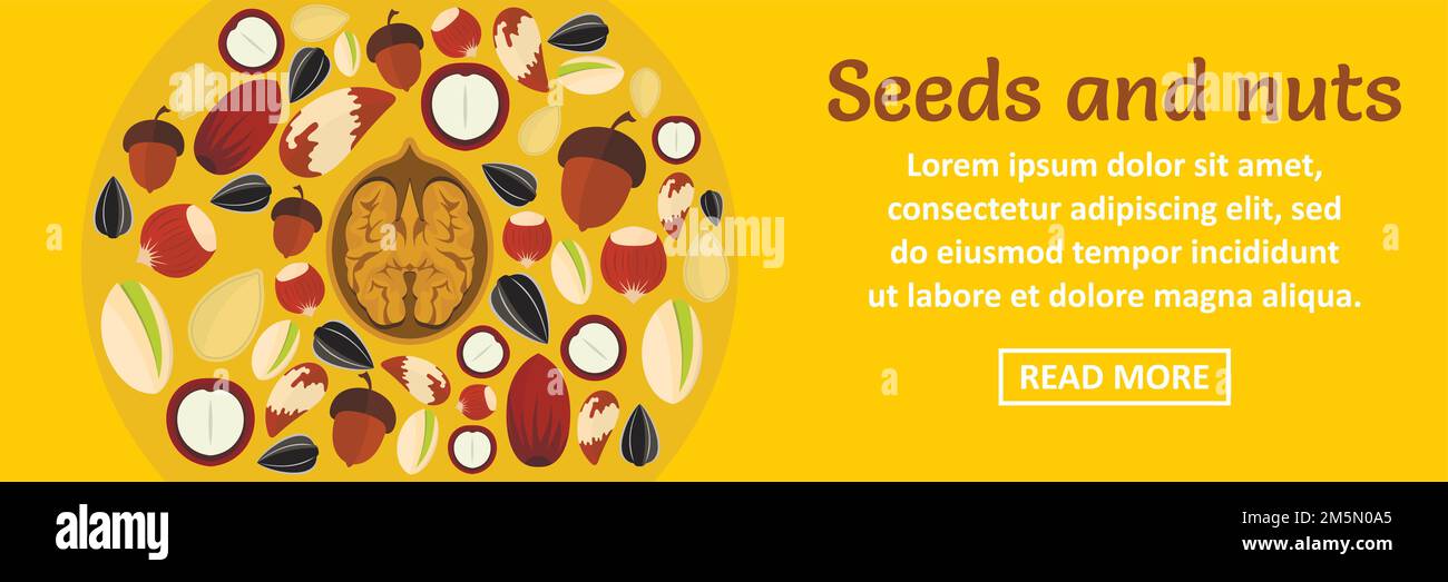 Seeds and nuts banner horizontal concept. Flat illustration of seeds ...