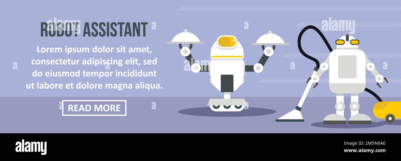 Robot assistant banner horizontal concept. Flat illustration of robot ...