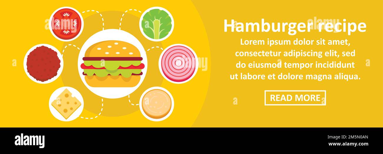 Hamburger recipe banner horizontal concept. Flat illustration of ...