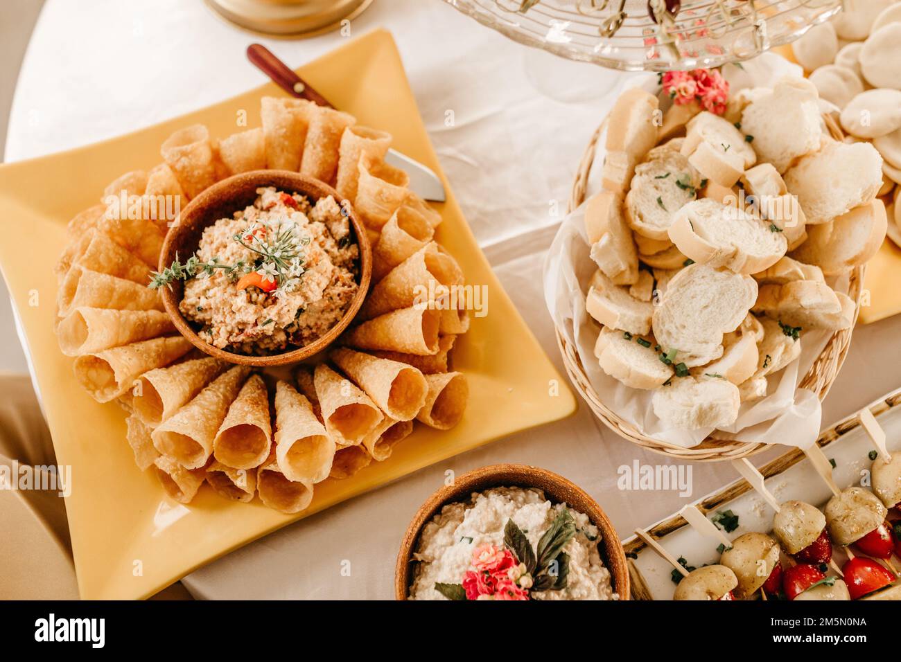 A top view of cone crackers served with sauce for a banquet Stock Photo ...