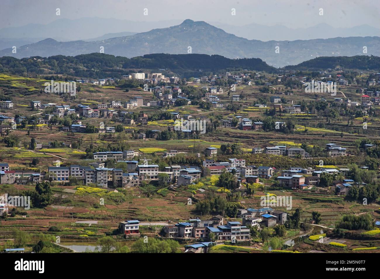An aerial view of a village and vast landscape in the countryside Stock ...
