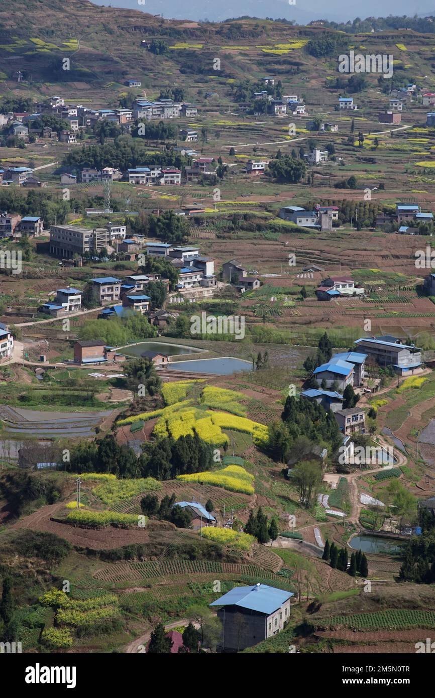 An aerial view of a village and vast landscape in the countryside Stock ...
