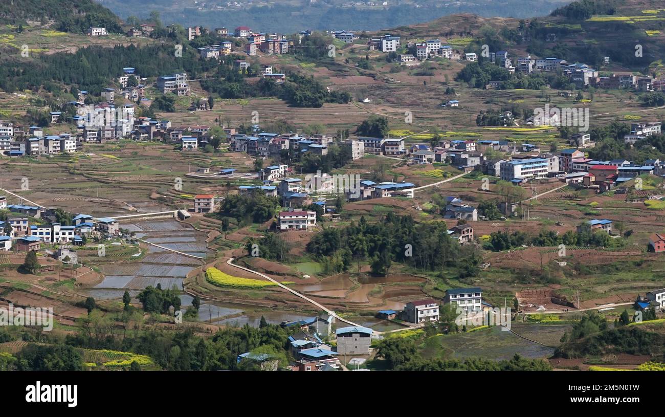 An aerial view of a village and vast landscape in the countryside Stock ...