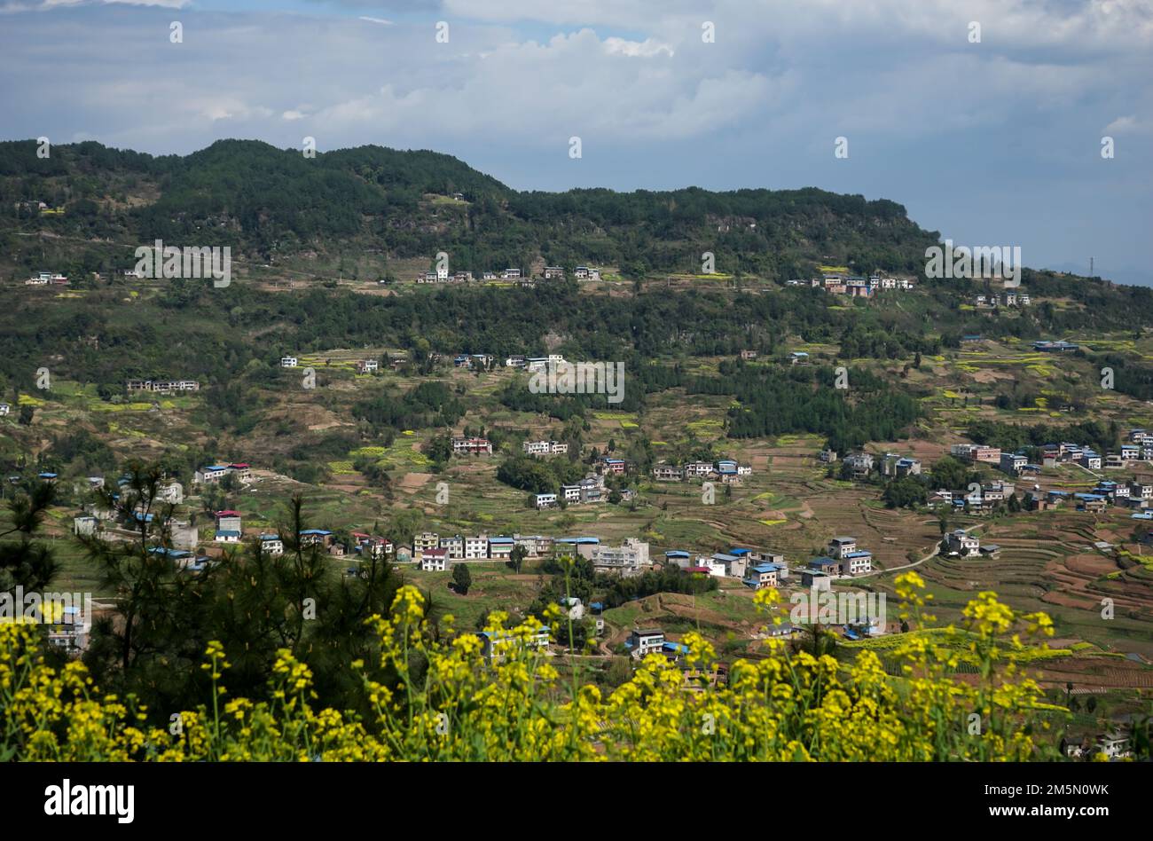 An aerial view of a village and vast landscape in the countryside Stock ...