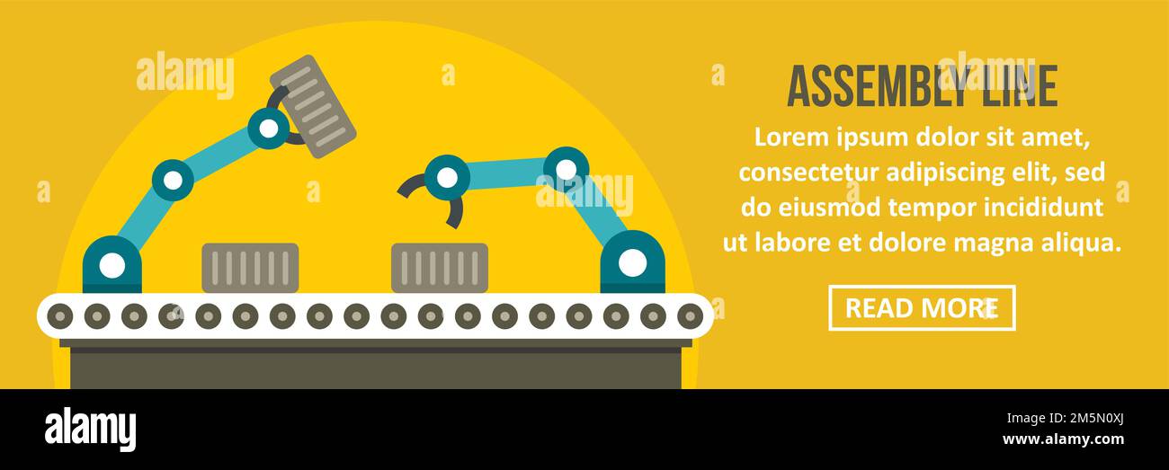 Assembly robot line banner horizontal concept. Flat illustration of assembly robot line banner ...