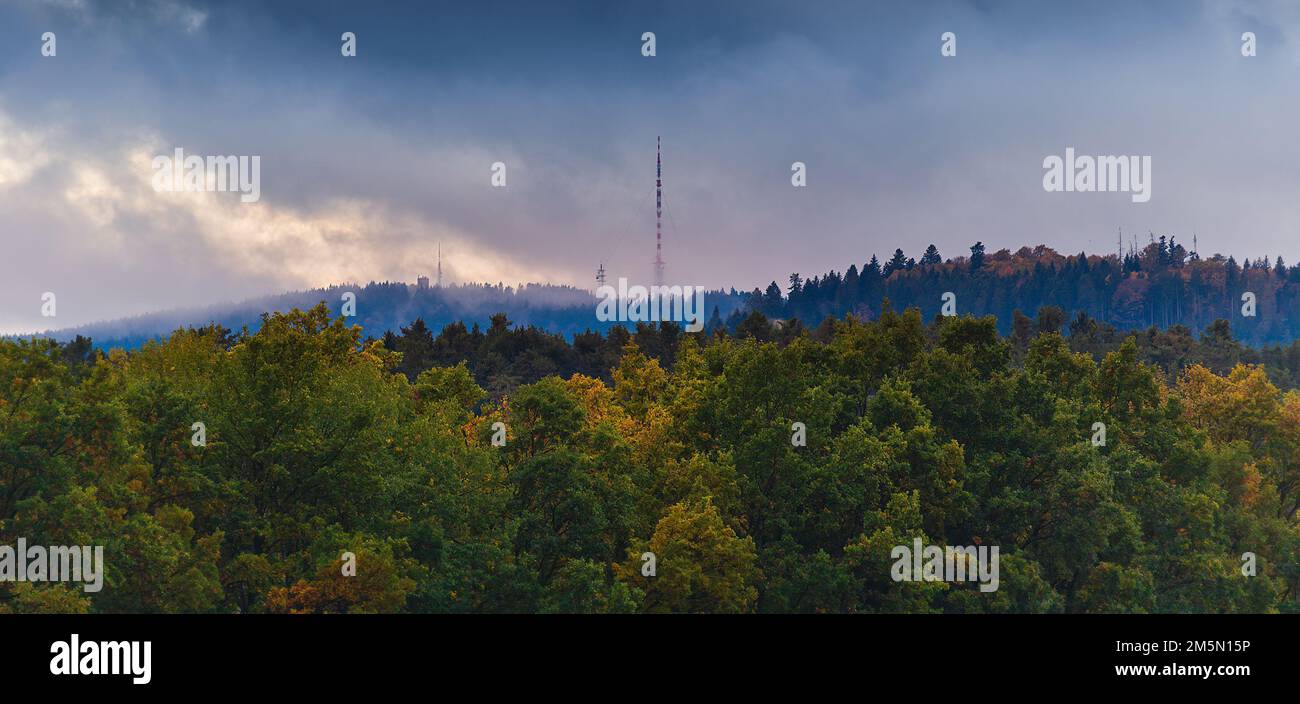 Hill Klet in Blansky les with autumn forest hill and sunset sky. Czech ...