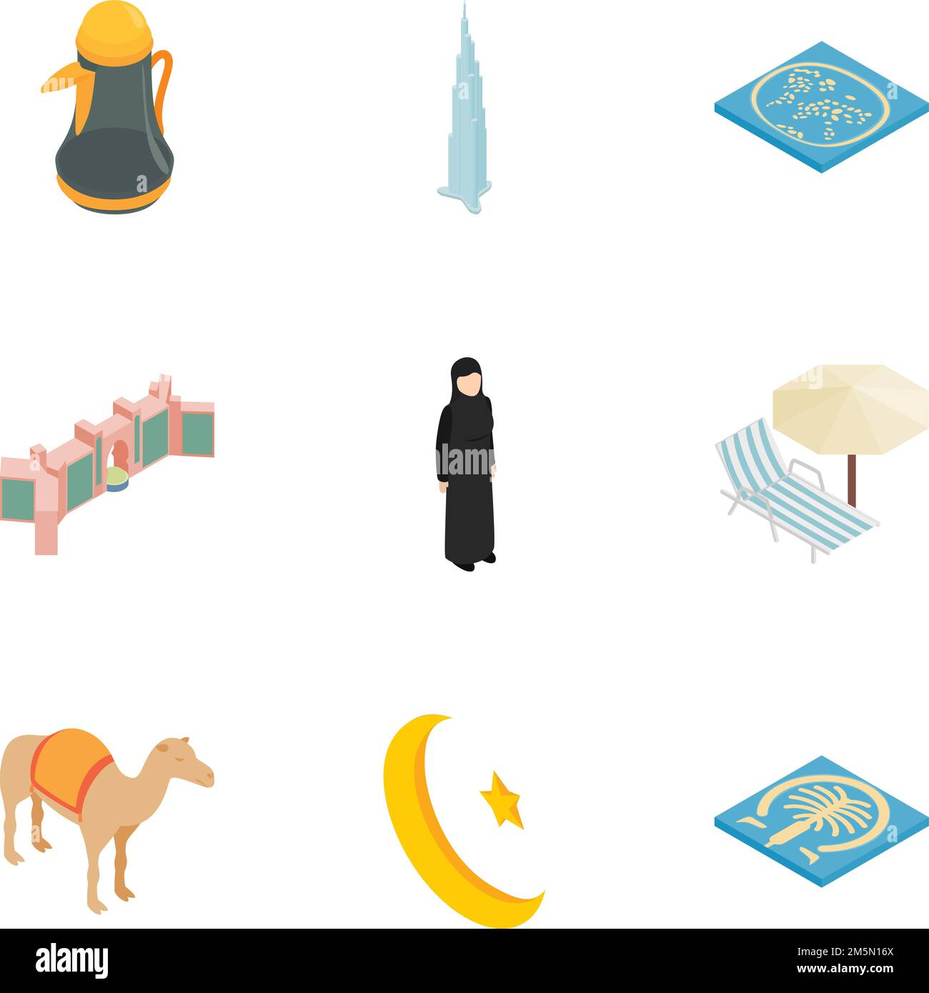 Arab elements icons set. Isometric 3d illustration of 9 arab elements vector icons for web Stock ...