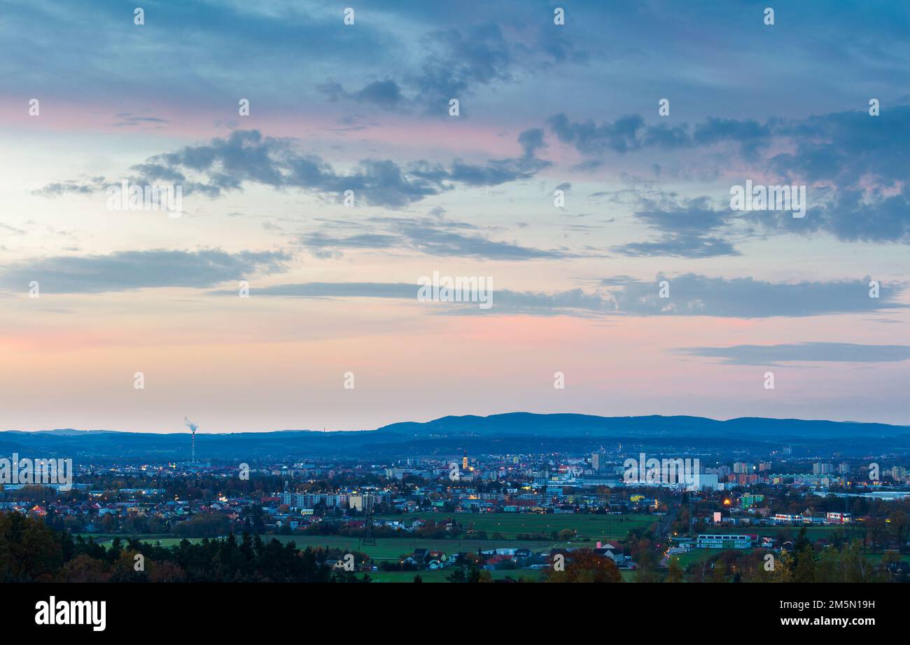 City Ceske Budejovice with lights at blue hour. Aerial Czech landscape ...
