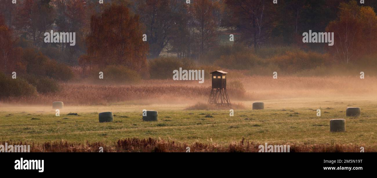Hunter high seat on meadow with bale and misty fog. Autumn landscape ...