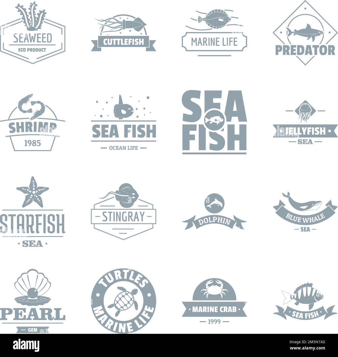 Fish sea logo icons set. Simple illustration of 16 fish sea logo vector ...
