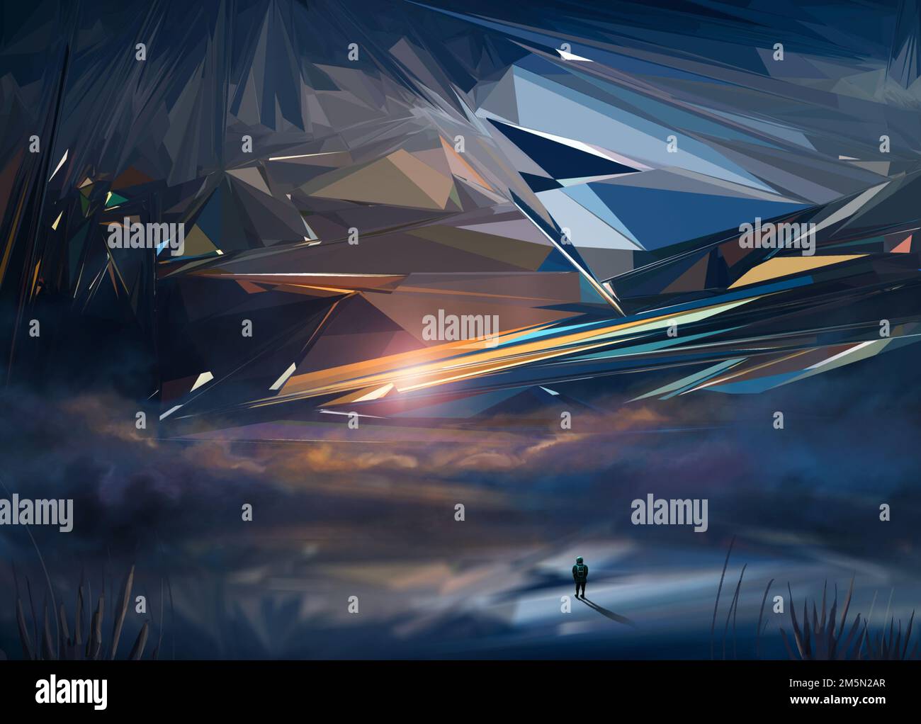 Man, astronaut standing on reflection surface with fog and graphic sky ...