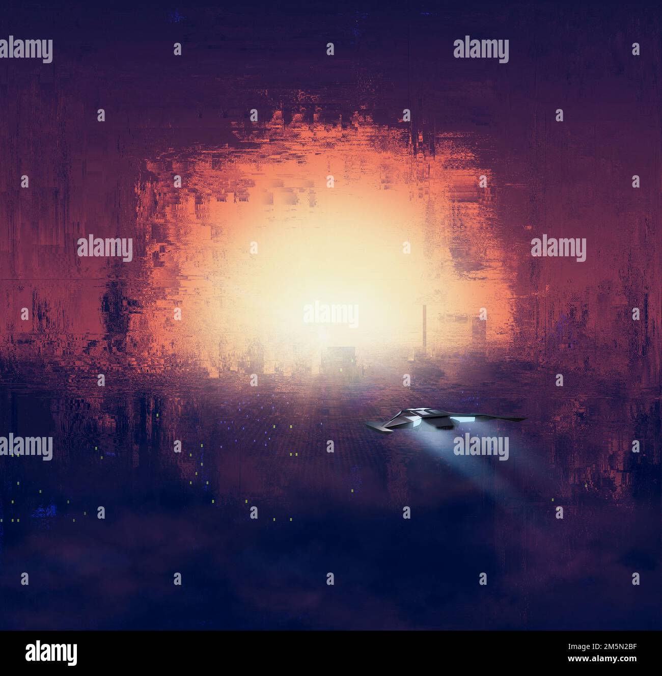 Spaceship flying to abstract modern sci-fi colorful city at sunset. Art ...