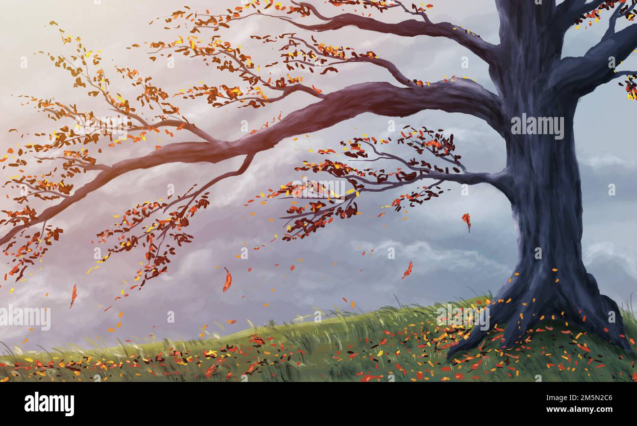 Tree with falling autumn foliage leafs standing on grass hill with ...