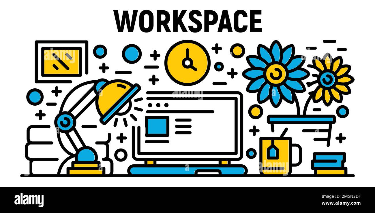 Freelancer workspace banner. Outline illustration of freelancer ...