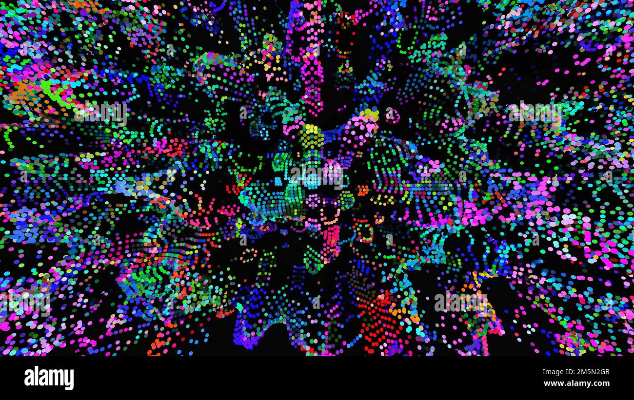 Abstract colorful particle, circle dot explosion on black background ...