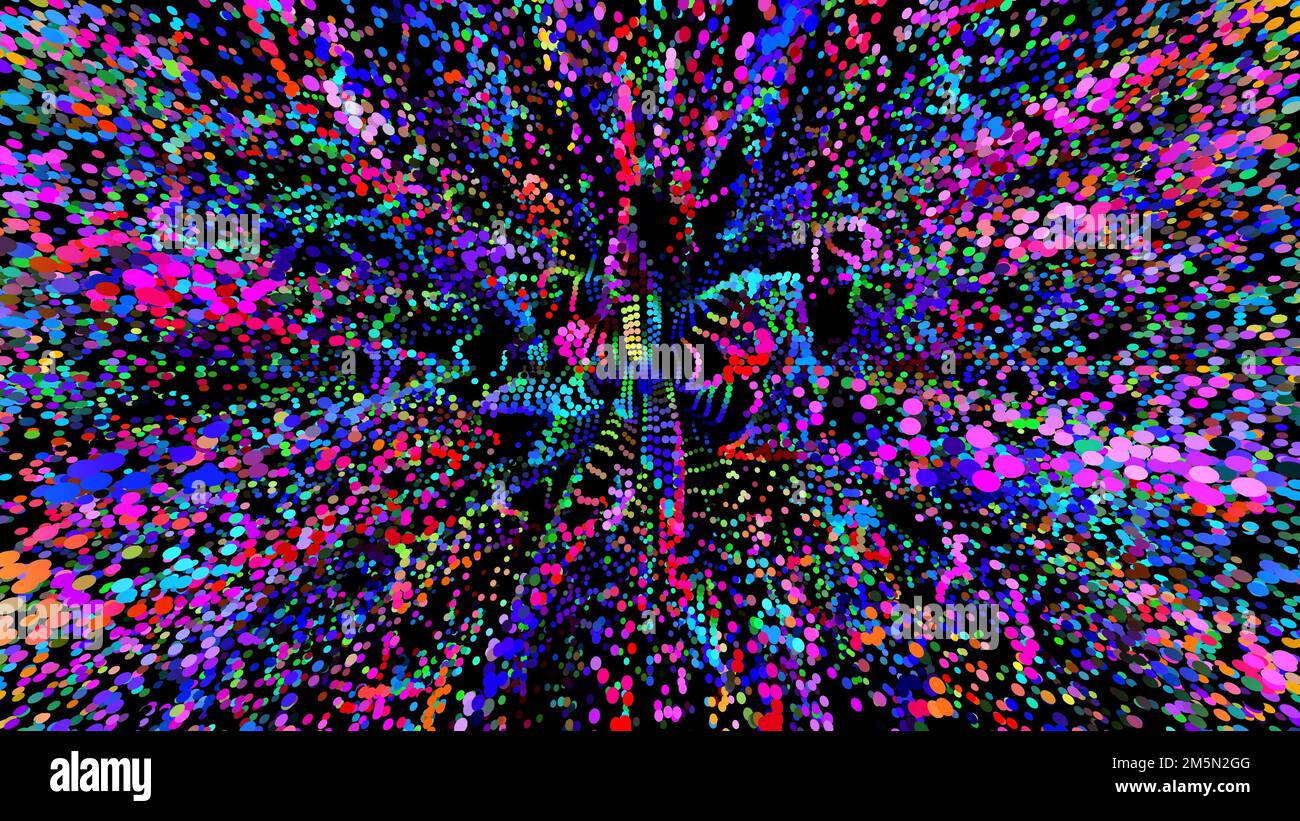 Abstract colorful particle, circle dot explosion on black background ...