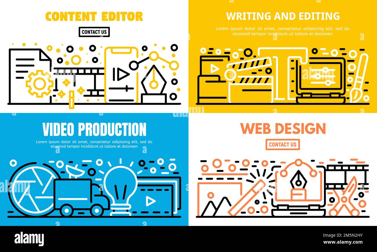 Content editor banner set. Outline set of content editor vector banner ...