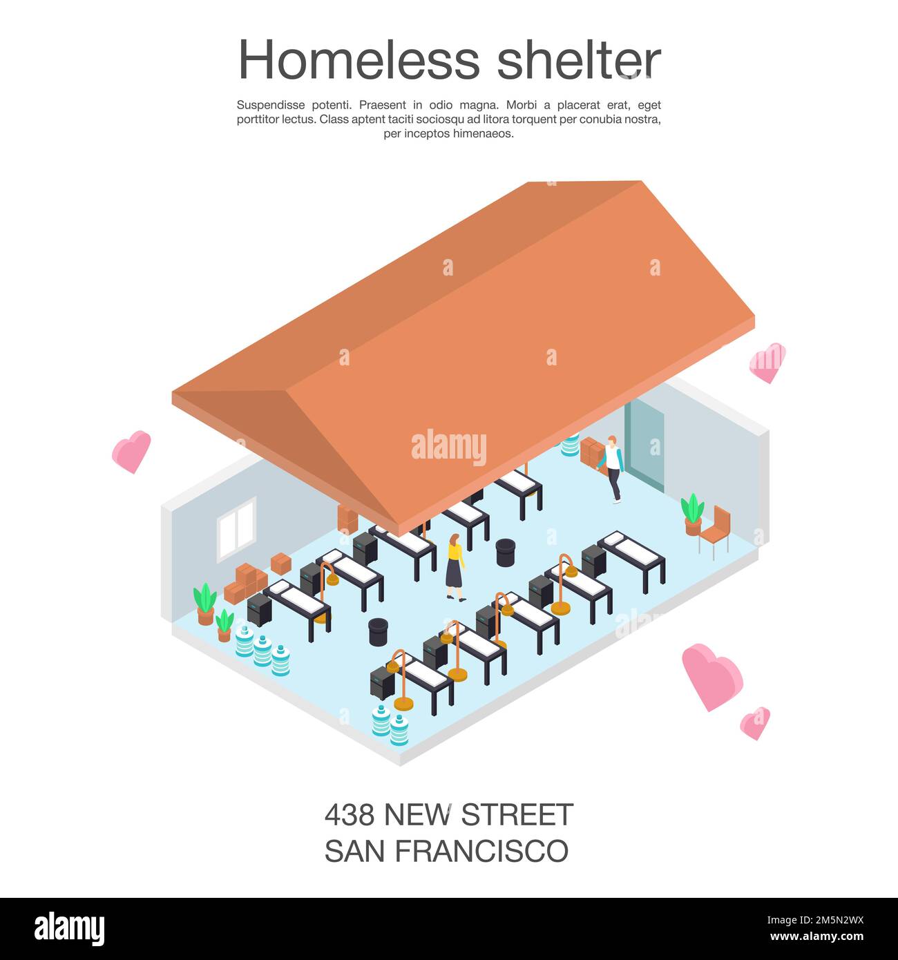 Homeless shelter volunteer concept banner. Isometric illustration of ...