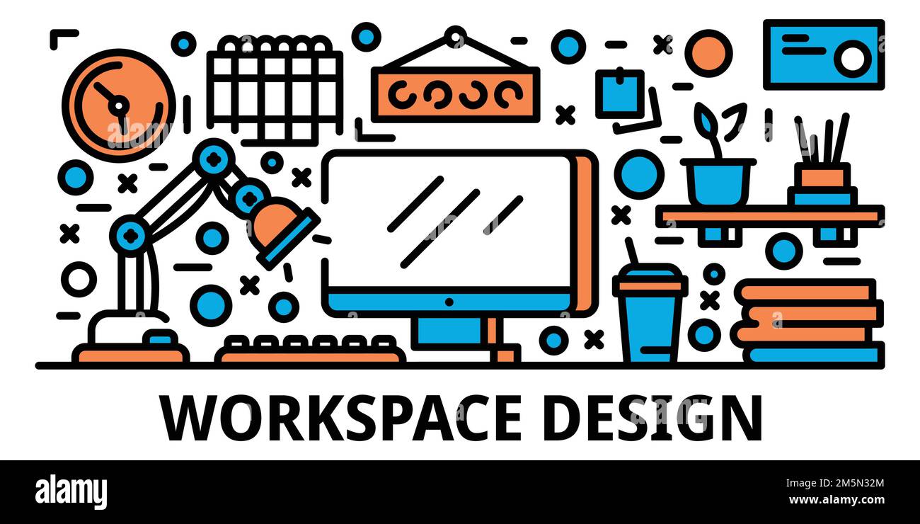 Workspace design banner. Outline illustration of workspace design ...