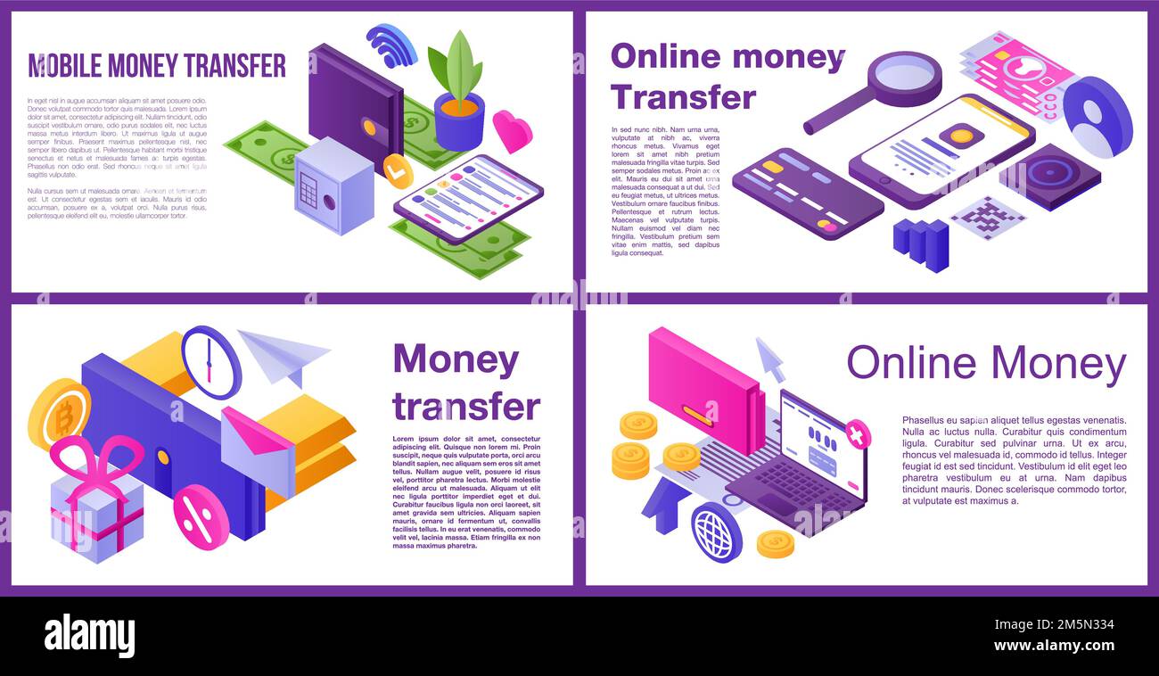 Money transfer banner set. Isometric set of Money transfer vector ...