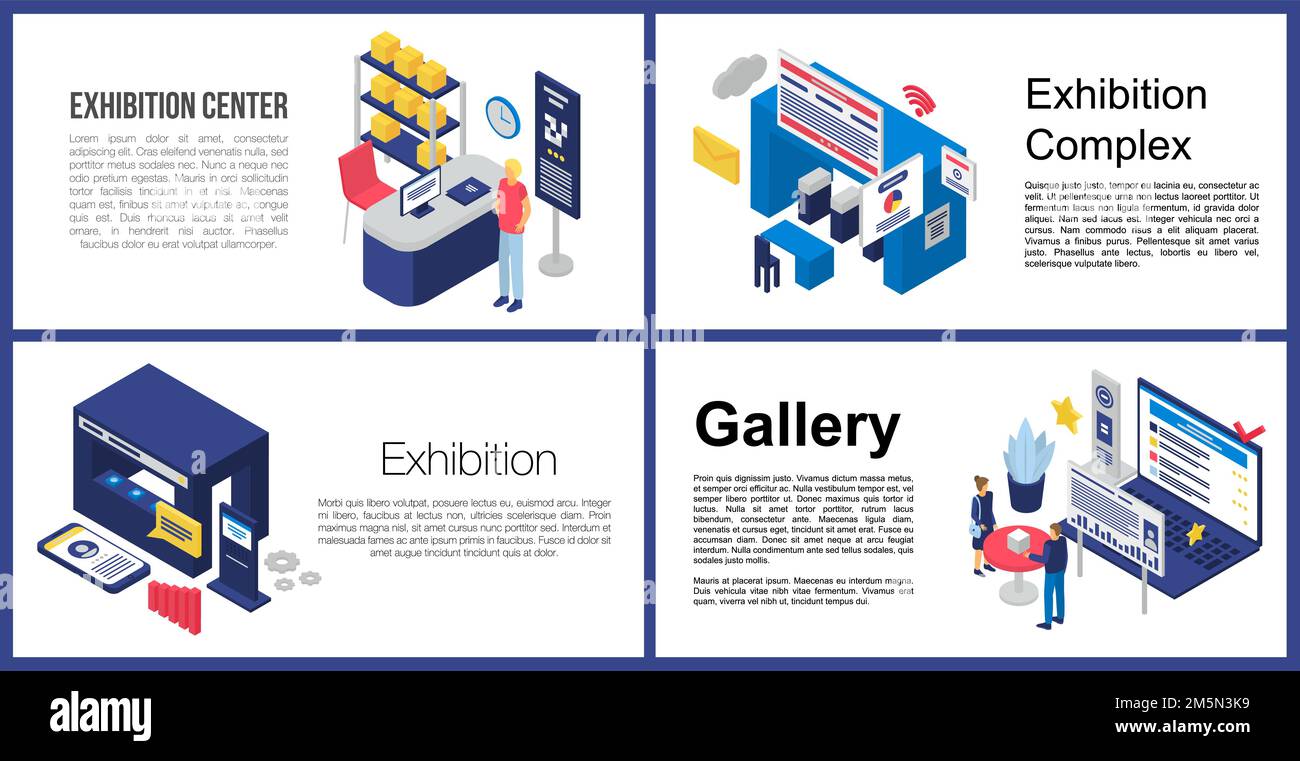 Exhibition center banner set. Isometric set of exhibition center vector ...