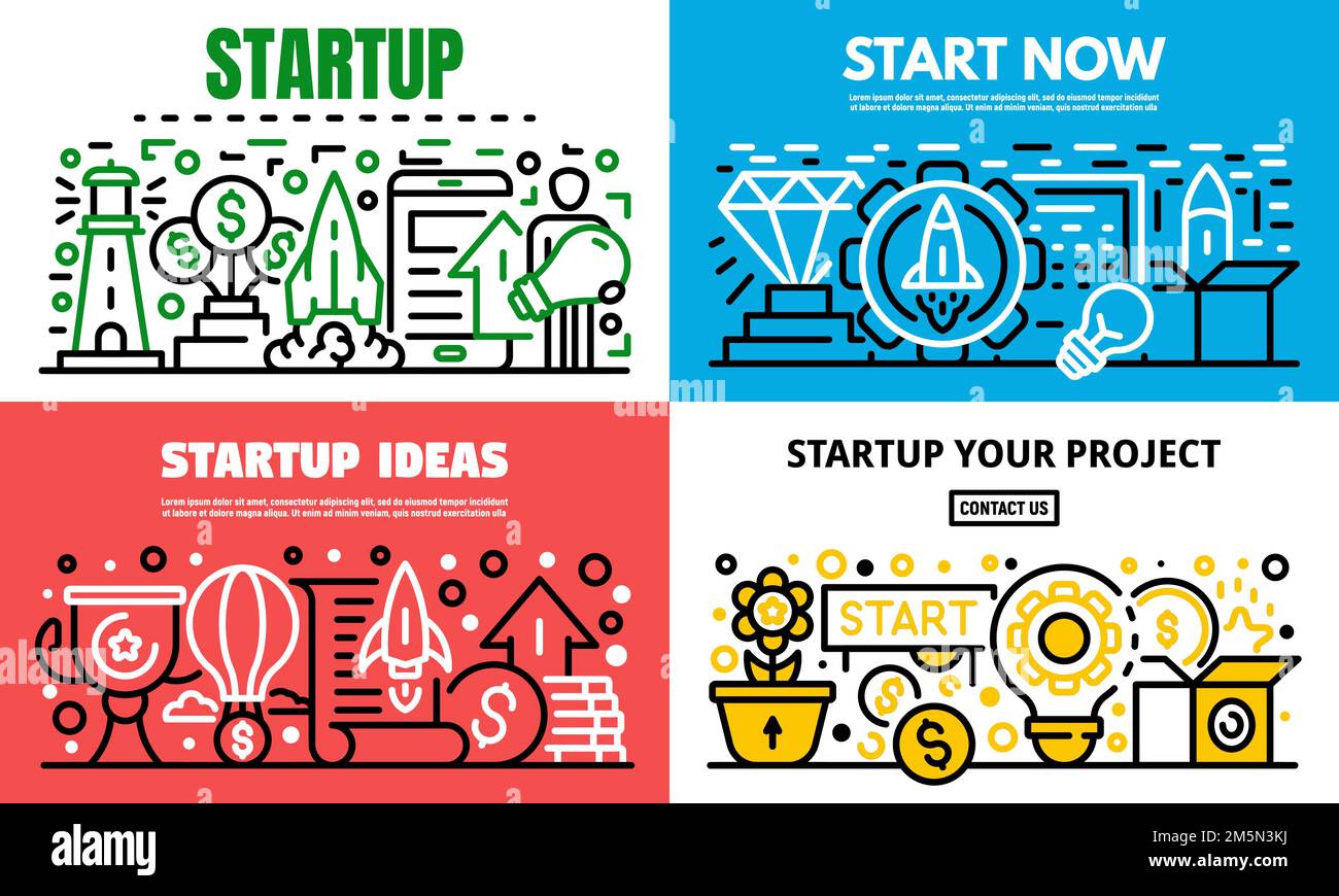 Media startup banner set. Outline set of media startup vector banner ...