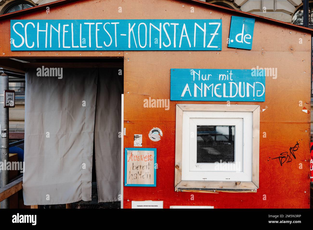 A closeup shot of a closed corona test station in Konstanz, Germany ...